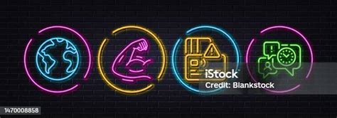 강한 팔 카드 및 세계 행성 최소 라인 아이콘 웹 응용 프로그램 인쇄용 네온 레이저 3d 조명 벡터 3차원 형태에 대한 스톡 벡터 아트 및 기타 이미지 Istock