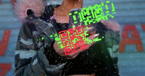 Image Of Qr Code And Connected Dots Over Caucasian Hipster Woman Using