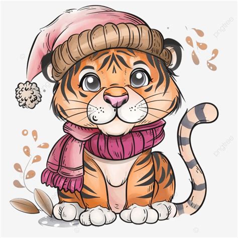 모자와 스카프를 쓴 귀여운 만화 호랑이가 색깔로 그려집니다 호랑이 모자 겨울 Png 일러스트 및 이미지 에 대한 무료 다운로드 Pngtree