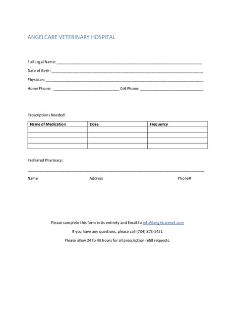 Fillable Online Angelcare Veterinary Hospital Prescription Request Fax Email Print Pdffiller