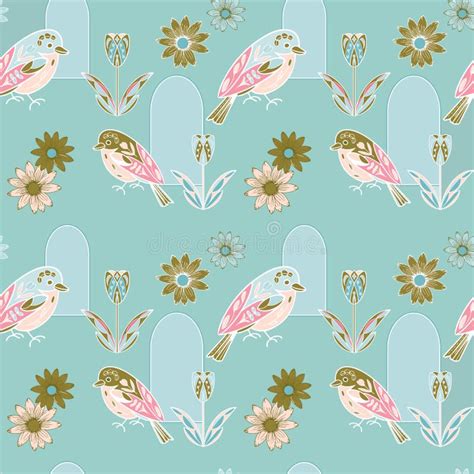 Bird Blossom Vector Repeat Pattern Print Background Stock Vector