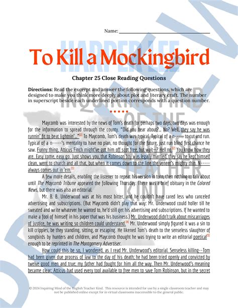 To Kill A Mockingbird Chapter 25 Close Reading Analysis Worksheet