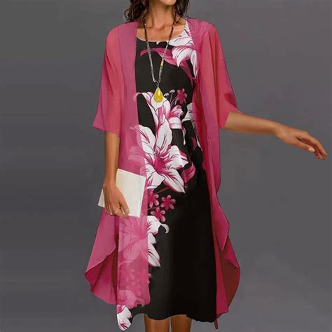 2 Piece Set Women 3 4 Sleeve Floral Flowy Midi Dresses With Jacket