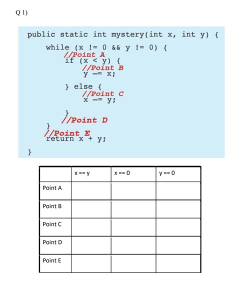 q 1 public static int mystery int x int y { while
