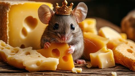 Adorable Mouse With Crown Surrounded By Cheese In Whimsical Scene Stock