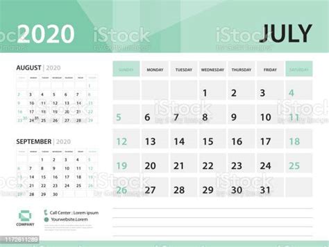7 월 2020 책상 달력 2020 년 템플릿 달력 2020 벡터 책상 달력 디자인 주 일요일에 시작 플래너 문구 인쇄 크기 8