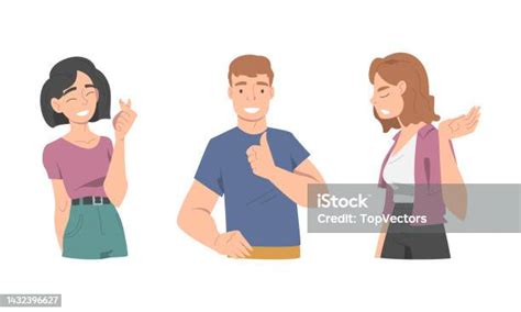 손 제스처로 의사 소통하는 쾌활한 사람들은 만화 벡터 일러스트레이션을 설정합니다 감정에 대한 스톡 벡터 아트 및 기타 이미지