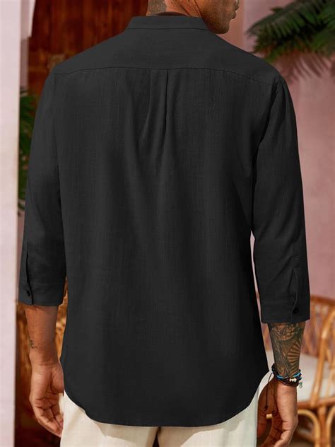 Runcati Mens Casual Linen Shirts 34 Sleeve Button Down Banded Collar