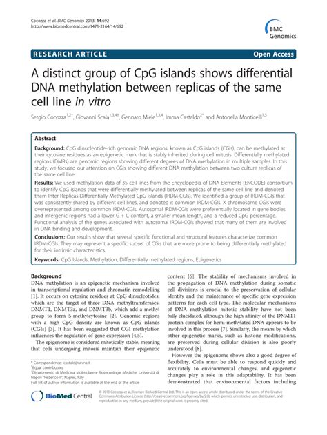 PDF A Distinct Group Of CpG Islands Shows Differential DNA Methylation Between Replicas Of The