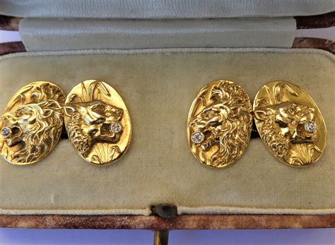 Art Nouveau Lion And Lioness Head 14 Karat Yellow Gold Diamond