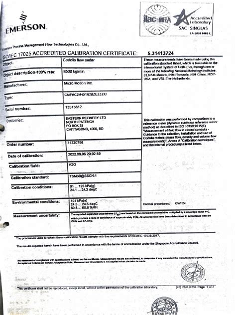 Cmfhc Flow Meter Certificate Pdf Calibration Metrology