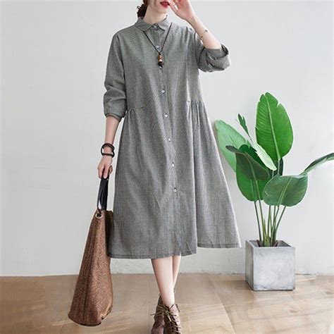 Spring Plus Size Loose Cotton Linen Long Sleeve Dress Plus Size
