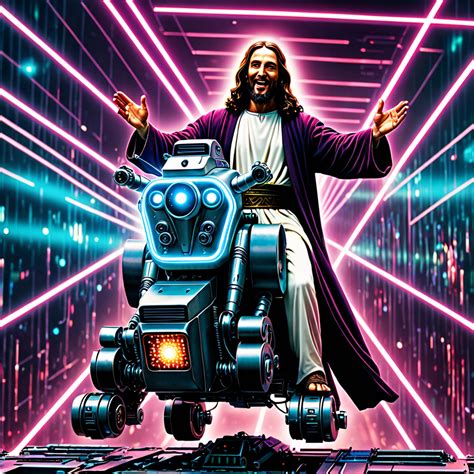 Hyper Realistic Photo Photo Of A Crazy Evil Happy Jesus Riding A