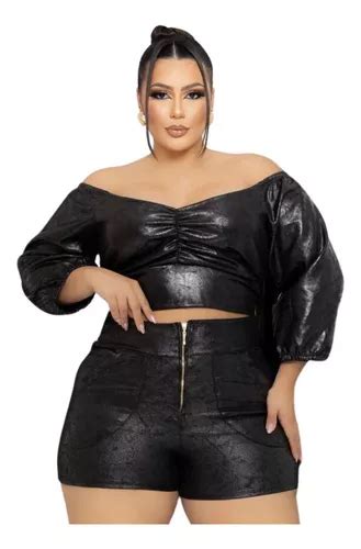 Conjunto Couro Fake Courino Plus Size Feminino Preto G2 Parcelamento