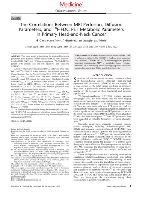 Pdf The Correlations Between Mri Perfusion Diffusion Parameters And