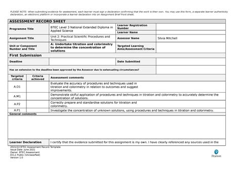 A Btec Assessment Record Template Declaration An Electronic Platform