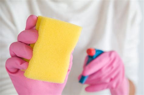 여자의 손 분홍색 고무에 스폰지와 화학 스프레이 병 들고 보호 장갑 주부 청소 하우스입니다 가사 집안일에 대한 스톡 사진 및