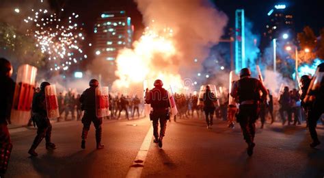 Fiery Riots In City Streets At Night With Police And Protesters Clashing Explosions And Chaos