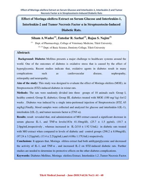 Pdf Effect Of Moringa Oleifera Extract On Serum Glucose And