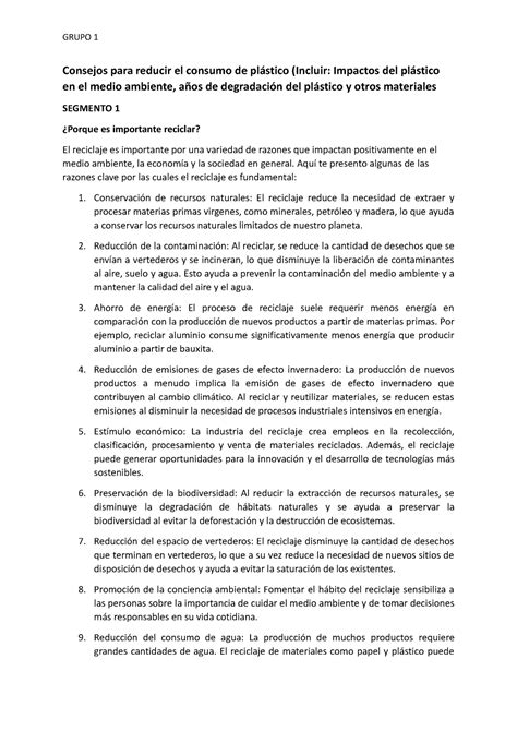 Consejos Para Reducir El Consumo De Plástico Grupo 1 Vinculacion
