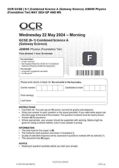 Ocr Gcse 9 1 Combined Science A Gateway Science J250 05 Physics Foundation Tier May 2024