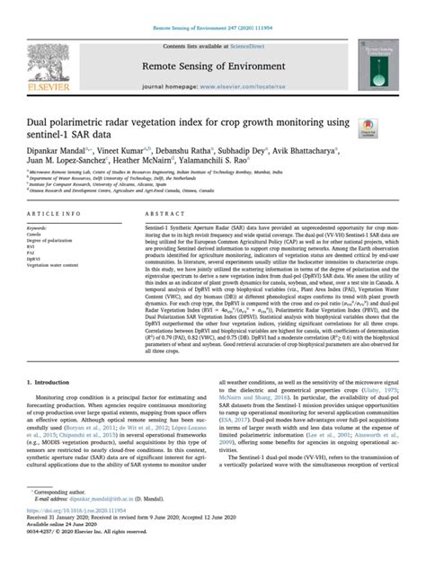 Dual Polarimetric Radar Vegetation Index For Crop Growth Monitoring Using Sentinel 1 Sar Data