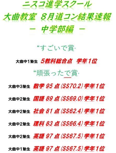 大曲教室 8月道コン結果速報！－小学部・中学部編－ トピックス 進学塾のニスコグループ