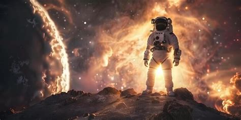 Um astronauta em um terno espacial examina um planeta alienígena