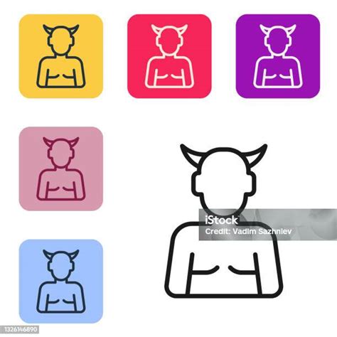 블랙 라인 크람푸스 흰색 배경에 고립 된 지옥 아이콘 뿔 악마 전통적인 크리스마스 악마 해피 할로윈 파티 색상 정사각형 단추로 아이콘을 설정합니다 벡터 0명에 대한 스톡
