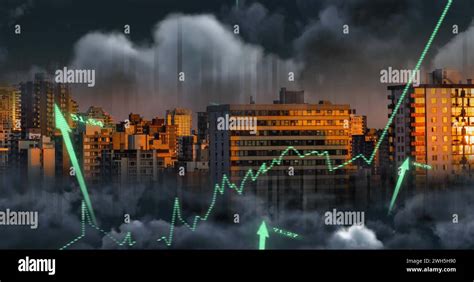 Image Of Financial Data Processing With Graph And Arrows Over Cityscape