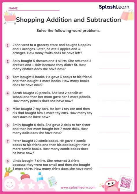Add And Subtract Within 20 Shopping Word Problems — Printable Math Worksheet