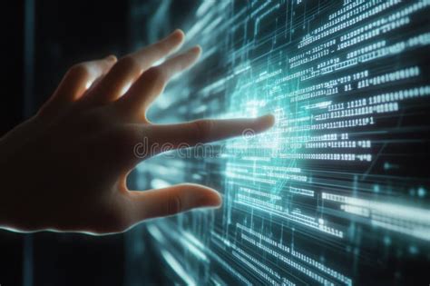 Hand Reaching Towards Digital Binary Code Matrix In Futuristic