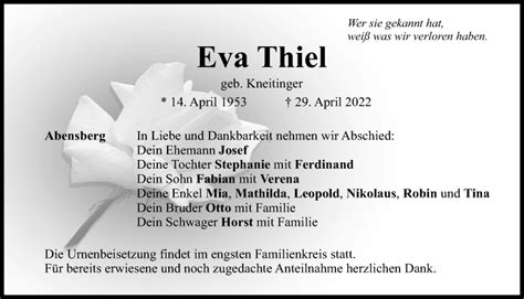 Traueranzeigen Von Eva Thiel Mittelbayerische Trauer