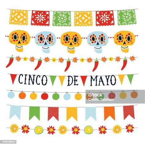 Cinco De 마요 휴일 화 환 조명 멧 새 깃발 장식용 두개골 꽃 할페노스 고추의 집합입니다 멕시코 정원 파티 장식의