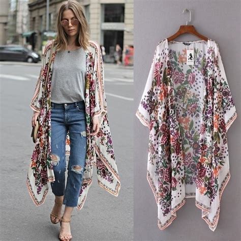Women Chiffon Plus Size Kimono Cardigan Floral Print Asymmetric Boho