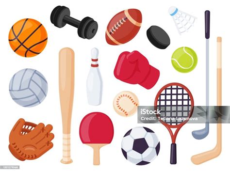 스포츠 장비 하키 럭비 야구 및 테니스 라켓을위한 만화 공 및 게임 아이템 볼링 권투 및 골프 플랫 아이콘 벡터 세트 가죽에 대한 스톡 벡터 아트 및 기타 이미지 Istock