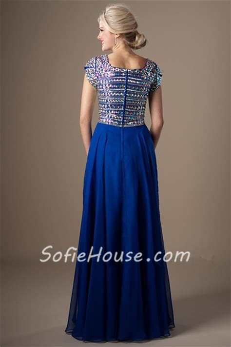 Modest Sweetheart Empire Waist Long Royal Blue Chiffon Beaded Prom