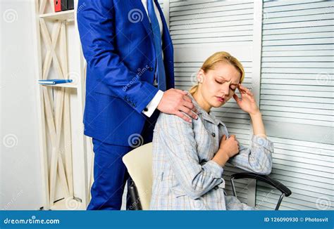 Boss Touch Shoulder Of Female Office Colleague Tired Woman Worker