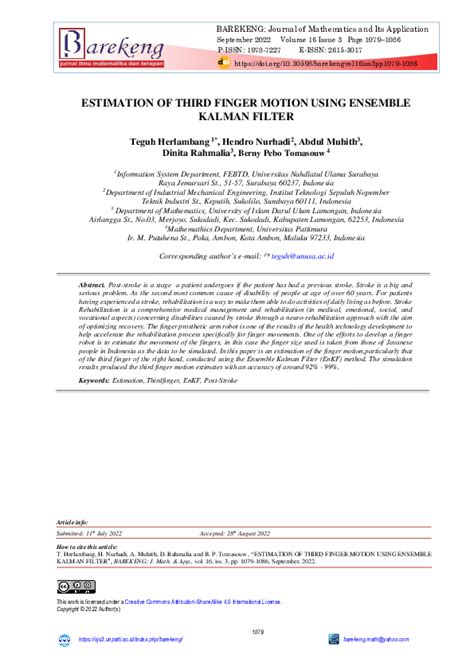 Pdf Estimation Of Third Finger Motion Using Ensemble Kalman Filter