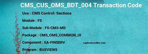 CMS CUS OMS BDT SAP Tcode For CMS Control Sections