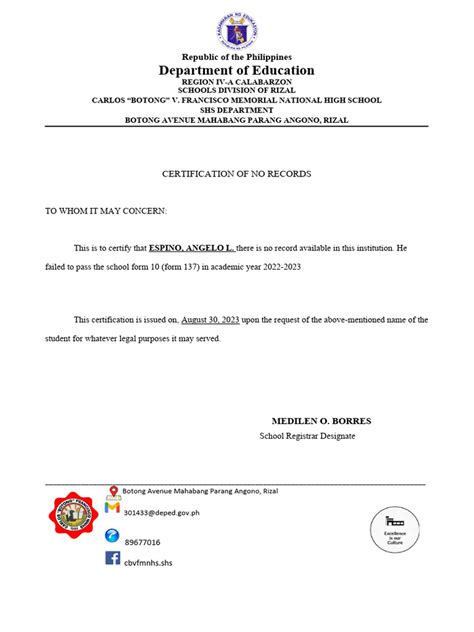 Certificate No Record Pdf