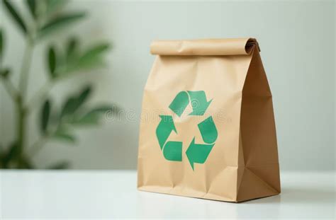 Eco Friendly Recyclable Paper Bag Featuring Green Recycling Symbol In Minimalist Setting Stock