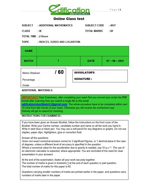 Online Class Test On Add Math Batch 1 Pdf Logarithm Mathematics