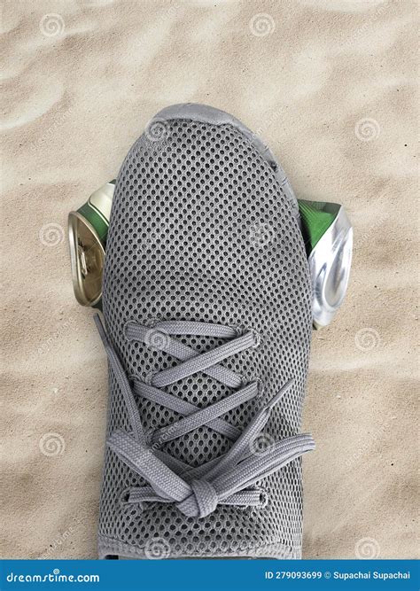 Human Foot Stomp Cans Flat On The Sand Beach Sea Stock Image Image