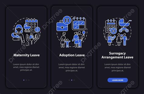 Onboarding Mobile App Page Screen With Various Maternity Leave Options In Dark Theme Vector