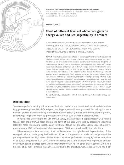 Pdf Effect Of Different Levels Of Whole Corn Germ On Energy Values