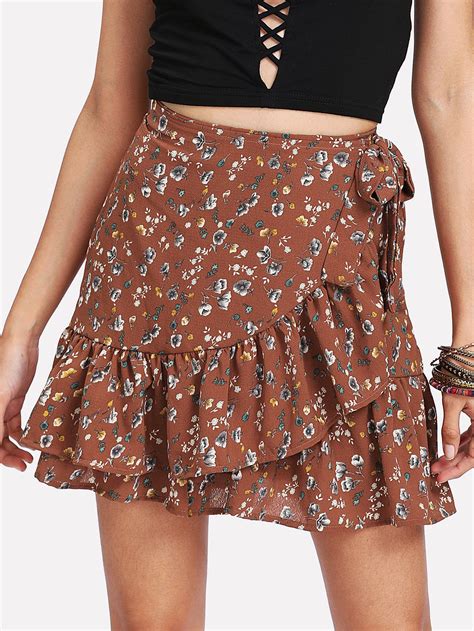 SHEIN Tiered Ruffle Trim Wrap Skirt Skirts Floral Skirt Short Wrap
