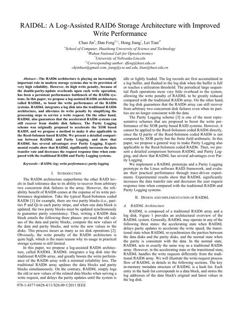 Pdf Raid6l A Log Assisted Raid6 Storage Architecture With Improved
