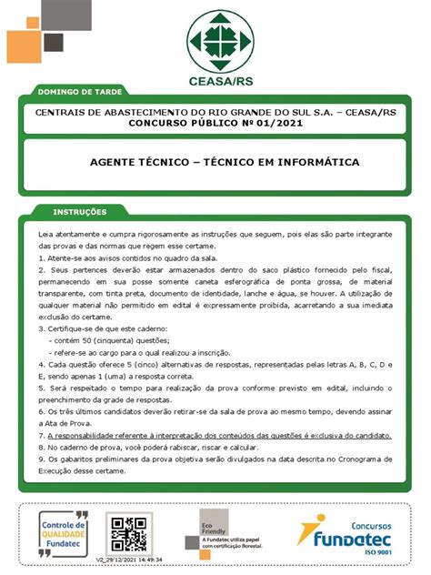 Fundatec 2022 Ceasa Rs Agente Tecnico Tecnico Em Informatica Prova Pdf