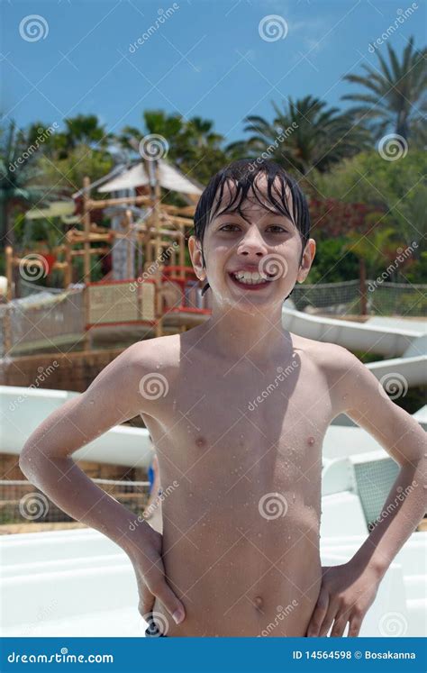 Natte Jongen In Waterpark Stock Foto Image Of Uitdrukking 14564598